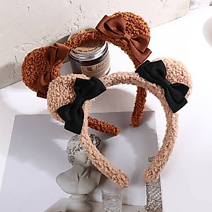 Bear Ear Hairband, Women Hair Hoop Washing Face Headwear, Bear Ear Bow Knot Hairband Plush Headband, Face Hair Hoop(coffee)