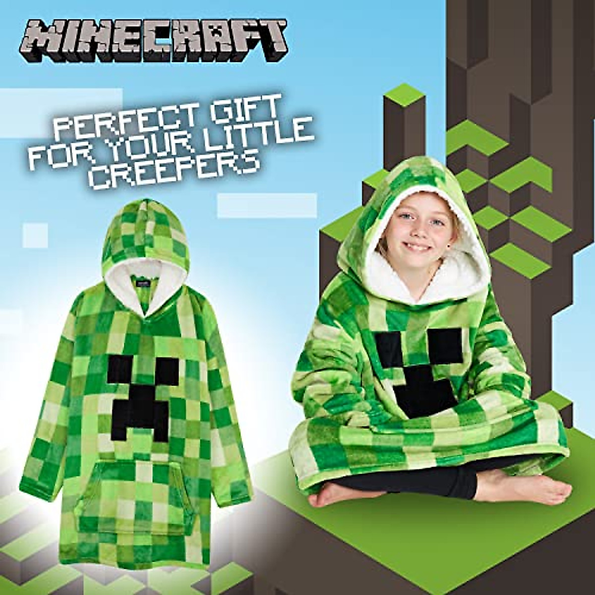 Minecraft Fleece Hoodie Blanket for Kids and Teenagers One Size Kids Fleece Poncho with Sherpa-Lined Hood Gifts for Gamers (Light Green)