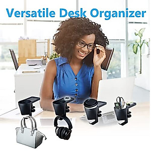 MAX SMART Clamp on Pen Cup Holder for Desk w Backpack Headphone Metal Hook, Desk Organizer Caddy Organize Pencils, Markers, Paper Clips for Drawing Table, Gaming Desk, Drafting Desk and Standing Desk