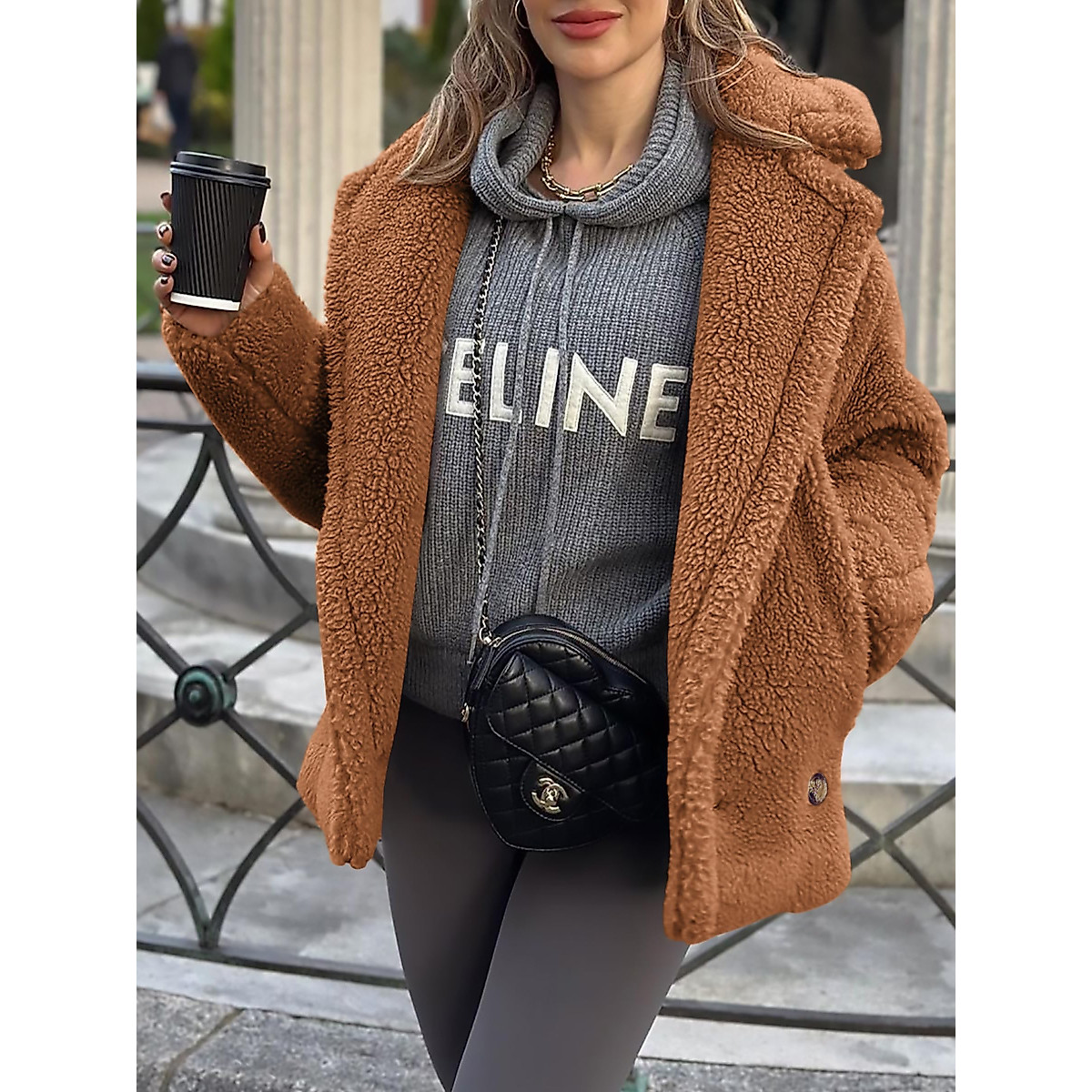 PRETTYGARDEN Womens 2024 Winter Fashion Sherpa Coats Lapel Fleece Jacket Long Sleeve Pockets Faux Fur Dressy Fall Outfits (Camel,Medium)