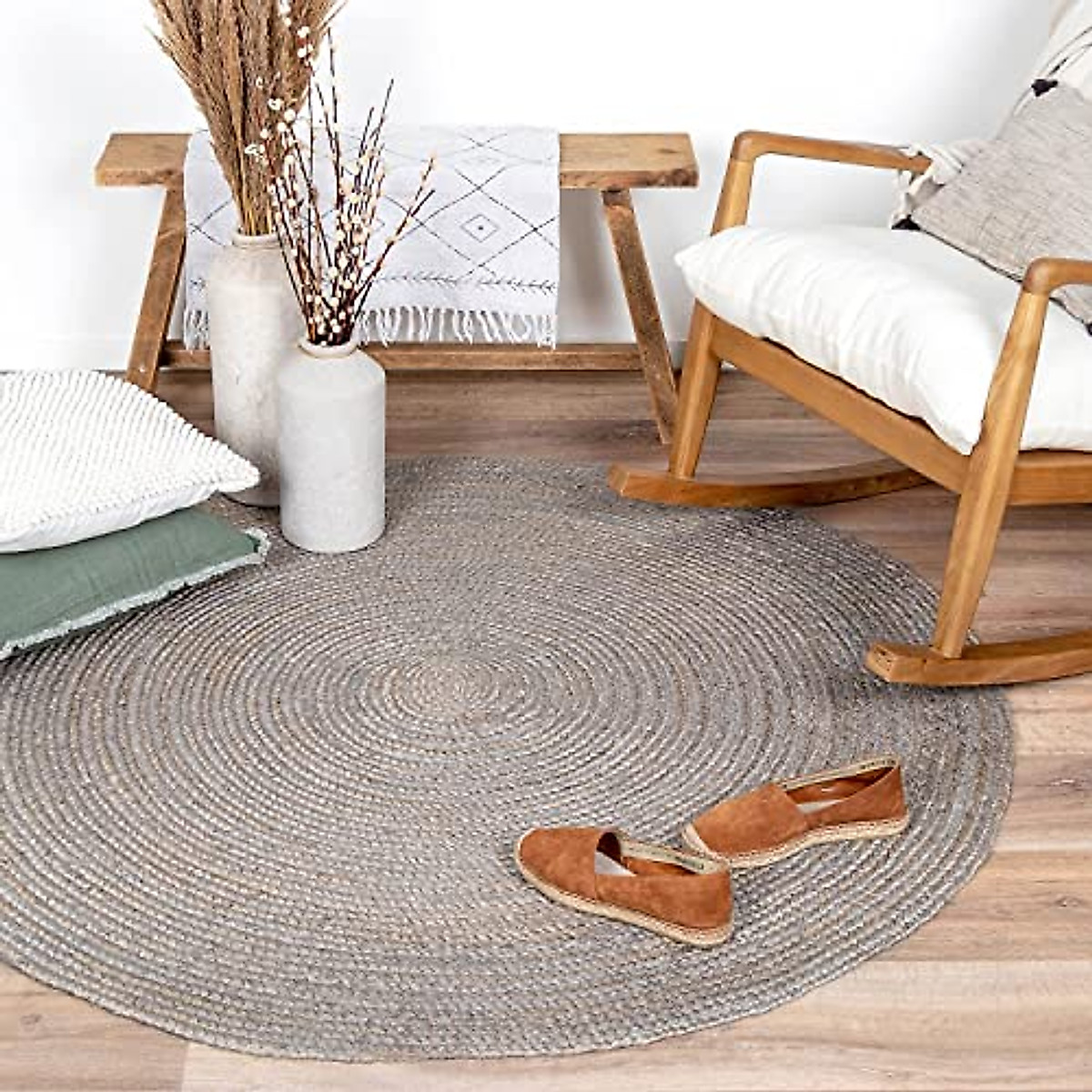 THE PIKKU INTERNATIONAL - Rug Round Natural Jute Hand Woven Braided Area Rug Grey Color Carpet (132 x 132 Inch (11 Feet Round))