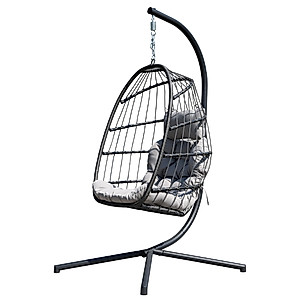 HWB Hanging Egg Chair with Stand, Patio Wicker Hammock Egg Swing Chair with Cushion for Bedroom Garden Indoor Outdoor (Grey)