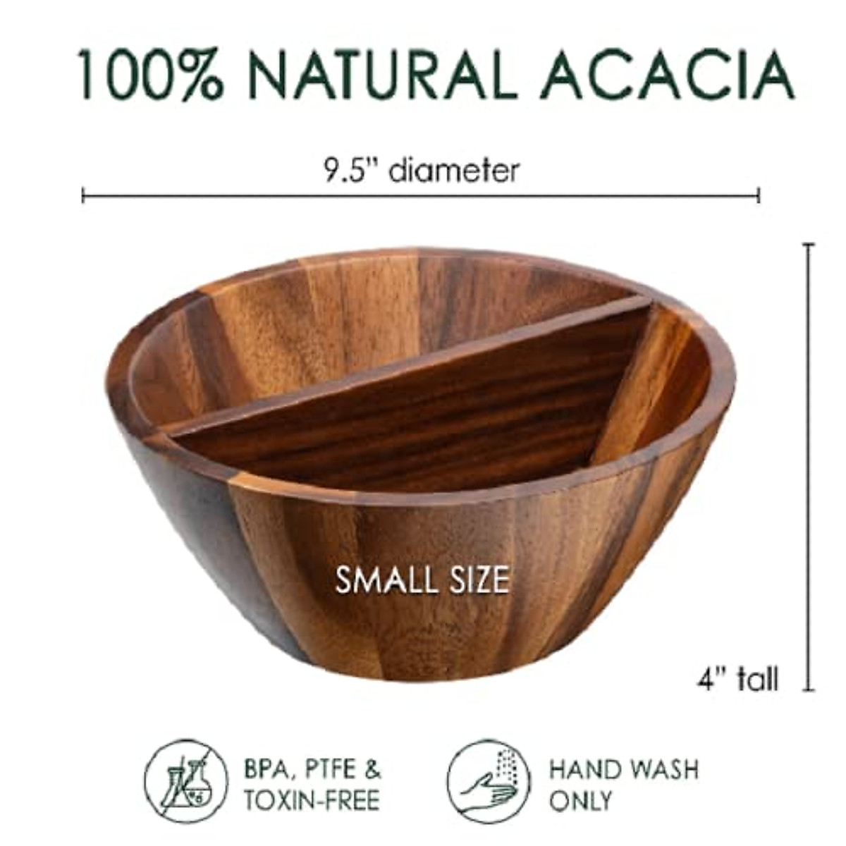 EVERGRO SEQUOIA & CO. Wooden Salad Bowl - Small 9.5” Wood Serving Bowl for Salad, Fruit, or Snack - Acacia divided Wooden Bowls - Wood Salad Bowl for Rustic, Modern Home & Kitchen Counter Décor