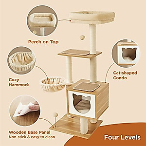 Lesure Modern Cat Tree for Large Cats - Tall Cat Climbing Tower for Indoor Cats with Wood Cat Condo, Hammock and Scratching Post, 50 Inches, Beige