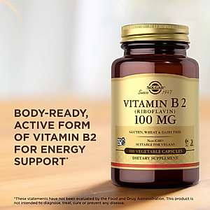 Solgar Vitamin B2 (Riboflavin) 100mg, 100 Vegetable Capsules - Energy Metabolism, Healthy Nervous System - Non-GMO, Vegan, Gluten Free, Dairy Free, Kosher, Halal - 100 Servings