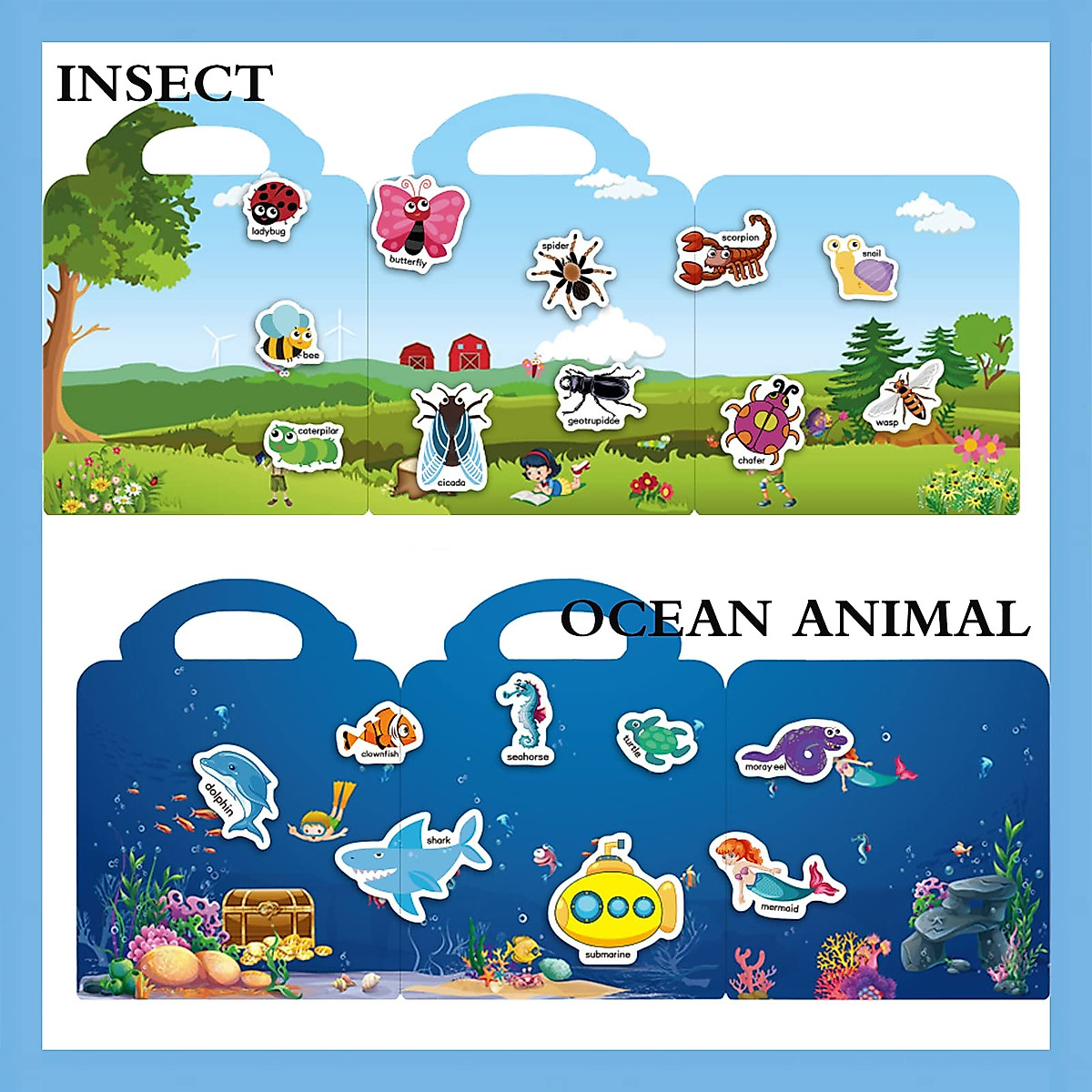 Sticker Books for Kids, Window Clings for Kids Toddlers, Reusable Activity Book Vehicle Insect Ocean Animal for Boys Girls Preschool Educational Travel Toys Birthday Gifts for Kids 3 4