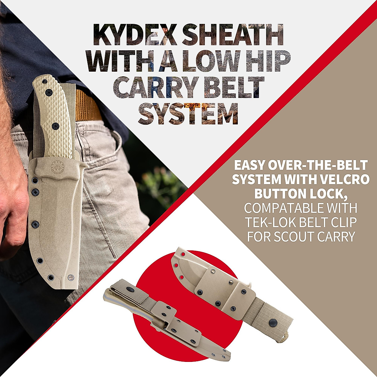 Off-Grid Knives - Backcountry Coyote V2 Fixed Blade - Cryo D2 Steel Knife with Graywash Finish, Full Tang, Coyote Tan G10 Scales, Kydex Sheath, Bushcraft, Hunting, Survival, Camping, Tactical Use