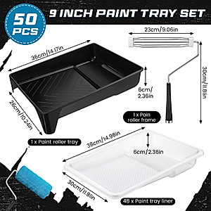 Geelin 50 Pcs 9 Inch Paint Tray Liner Paint Roller Tray 48 Pcs Disposable Paint Pan Tray Paint Roller Frame with Handle for Home Walls Furniture Household Painting Improvement Supplies