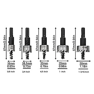 ChgImposs 5Pcs 16-30mm 5/8-Inch to 1-3/16 Inch HSS Hole Saw Cutter, Drill Bits Set Heavy Duty Tool Kit for Stainless Steel, Aluminum Alloy, Plastic and Wood