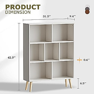 DIFY Wooden Bookcase 7 Cube Open Bookcase with Legs, Display Bookshelves Storage Organizer Shelf for Living Room, Home Office and Bedroom, White