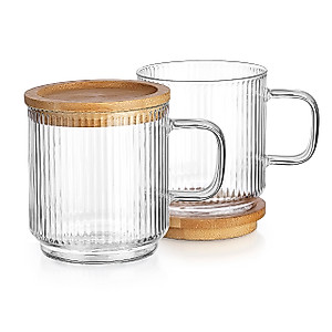 Glaver's Coffee Mug with Lid Borosillcate Glass Set of 2, 12 oz Ribbed Tea Cup With Bamboo Lid and or Coaster 2in1. For Espresso, Mocha, Cappuccino.