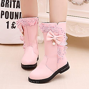 Lykmera Lace Boots for Baby Girl Fashion Winter Boots for Girl Kids Boots Shoes Princess Knee Bowkont Shoes Slip on Boots (Pink, 10.5-11 Years Big Kids)