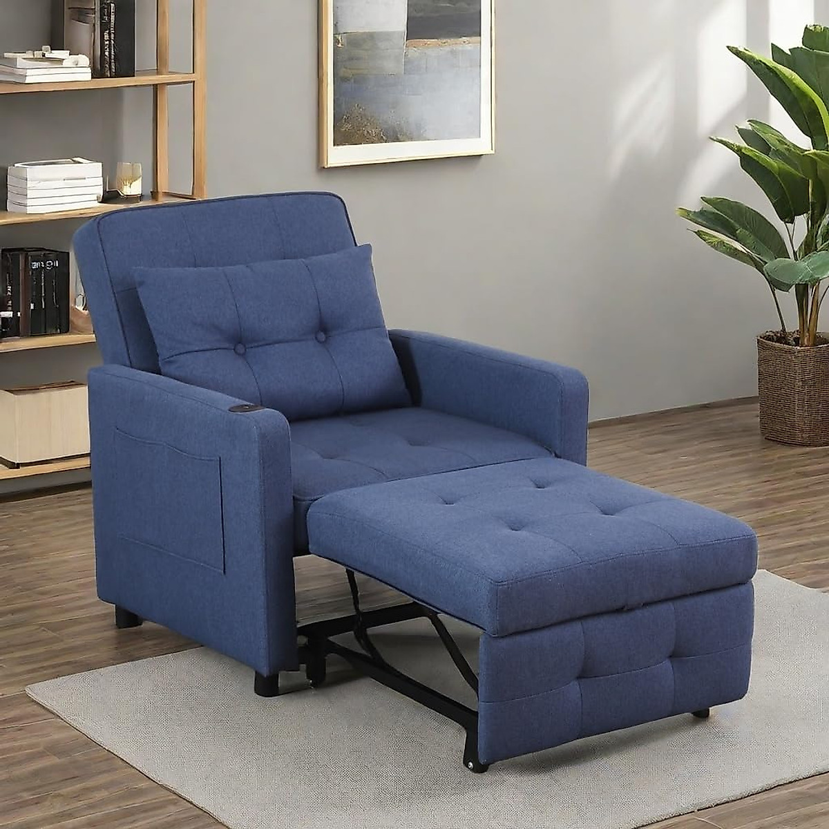 ChicFurnit Sleeper Chair, 3-in-1 Convertible Chair Bed with USB Ports, Pull Out Couch with Side Pocket, Adjustable Single Armchair Sofa Bed for Living Room, Apartments & Studios, Linen Navy