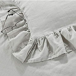 meadow park 100% Stone Washed French Linen Duvet Cover Set 3 Pieces - Super Soft,King 104 inches x 92 inches - Shams 20 inches x 36 inches, Ruffled Style - Button Closure - Corner Ties, Light Grey