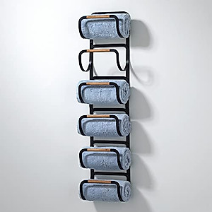 mDesign Wall Mount Towel Storage Rack for Bathroom - 6-Tier Hanging Organizer Mounted Holder Shelf for Multiple Bath Towels or Robes - Steel Metal and Wood - Yami Collection - Matte Black/Natural