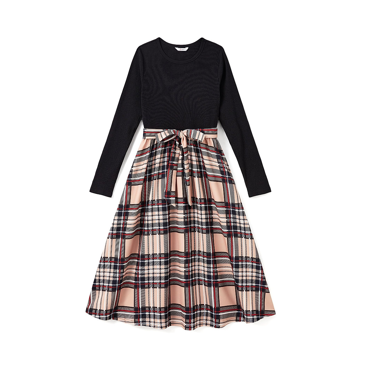 PATPAT Matching Family Outfits Mommy and Me Dresses Matching Set Mom and Daughter Matching Outfits Long Sleeve Patchwork Belted Dress and Button Down Plaid Shirts Khaki Buffalo Plaid Dress for Women M
