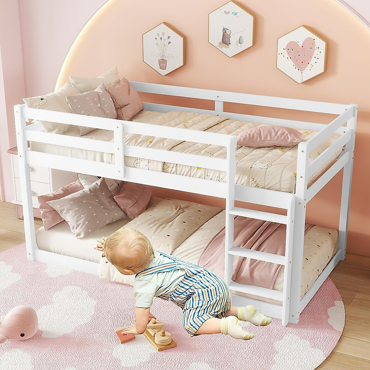Bunk Bed Twin Over Twin, Floor Bunk Bed with Ladder, Solid Rubber Wooden Low Twin Bunk Beds for Kids Teens , Ideal for Multiple-Child Family, Apartment, Dormitory, No Box Spring Needed,White
