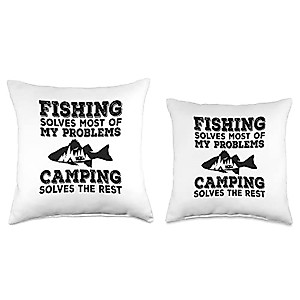 Funny Fishing Camping Lover Design Fishing Camping Solves Problems Funny Fisher Camper Throw Pillow, 18x18, Multicolor