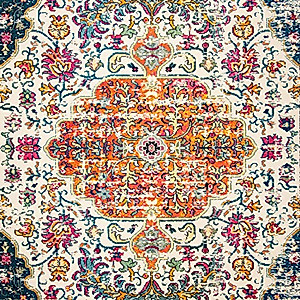 SAFAVIEH Madison Collection 6' x 9' Ivory / Orange MAD447A Boho Chic Medallion Distressed Non-Shedding Living Room Bedroom Dining Home Office Area Rug