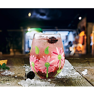 Designs by Lolita “Oops a Daisy” Hand-painted Artisan Stemless Wine Glass, 20 oz.