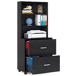 Tribesigns Vertical File Cabinet Modern Wood Filing Cabinet with 2 Large Drawer fit Letter/A4 Size, Large Printer Stand with 4 Open Storage Bookshelves for Home Office, Black