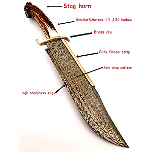 NoonKnives: 15.5" Hand Made Damascus Steel Collectible TEXAS Bowie Knife Handle Brass clip with stag horn