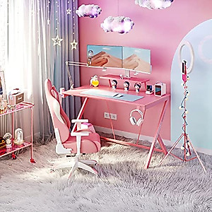 MOTPK Pink Gaming Desk 47" with Monitor Shelf Computer Desk Gaming Table Desk for Girls with Cup Holder and Headphone Hook Gamer Workstation Game Table, Gift for Girls Women