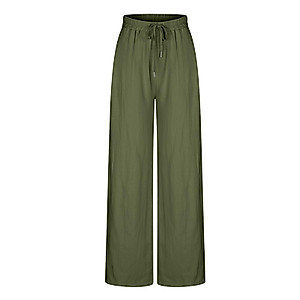 fold Over Yoga Pants for Women Women Wide-Leg Pants Loose Flowy Trousers Cotton Linen Slacks Capri Pants Side Split Lounge Pant Plus Size Relaxed Fit Green L