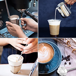 2 Pcs Milk Frothing Pitcher 12 Oz/ 350 ml 20 Oz/ 600ml Stainless Steel Milk Frother Cup with 4 Floral Dessert Coffee Spoons 2 Decorating Art Pens Silver Espresso Accessories Set for Kitchen Cafe Bar