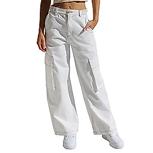 EVALESS White Cargo Pants Women Fall High Waist Straight Wide Leg Hiking Pants for Women Fashion 2023 Baggy Casual Work Teacher Pants Loose Trousers with Pockets Size US 8