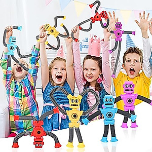 GOHEYI 4 Pack LED Pop Tubes Robot Toys, Telescopic Suction Cup Robot Toys, Robot Fidget Toys for Kids, Sensory Toys for Autistic Children, Gifts for Boys Girls