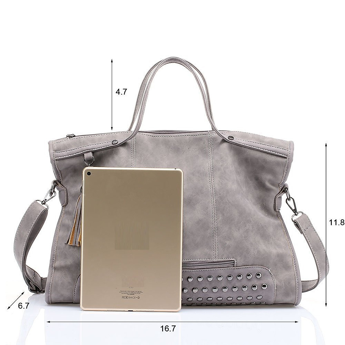 Large Rivet Purse Suede Leahter Hanbags for Women Grey Gothic Style Crossbody Bags Ladies Top Handle Satchel Studded Tote Bags