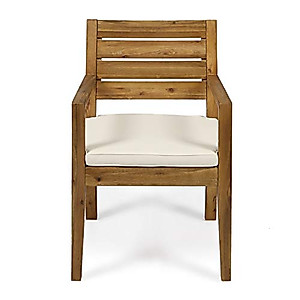 Great Deal Furniture Arely Outdoor Acacia Wood Dining Chairs, Sandblast Natural and Cream (Set of 2)
