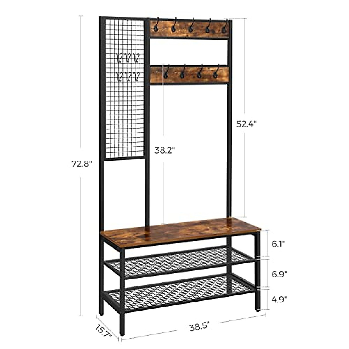 VASAGLE ALINRU Hall Tree, Coat Rack, Coat Stand with Grid Wall, Shoe Rack, 2 Mesh Shelves, 15 Hooks, 72.8-Inch Tall, Large Storage Space, Easy to Assemble, Industrial Style, Rustic Brown UHSR98BX
