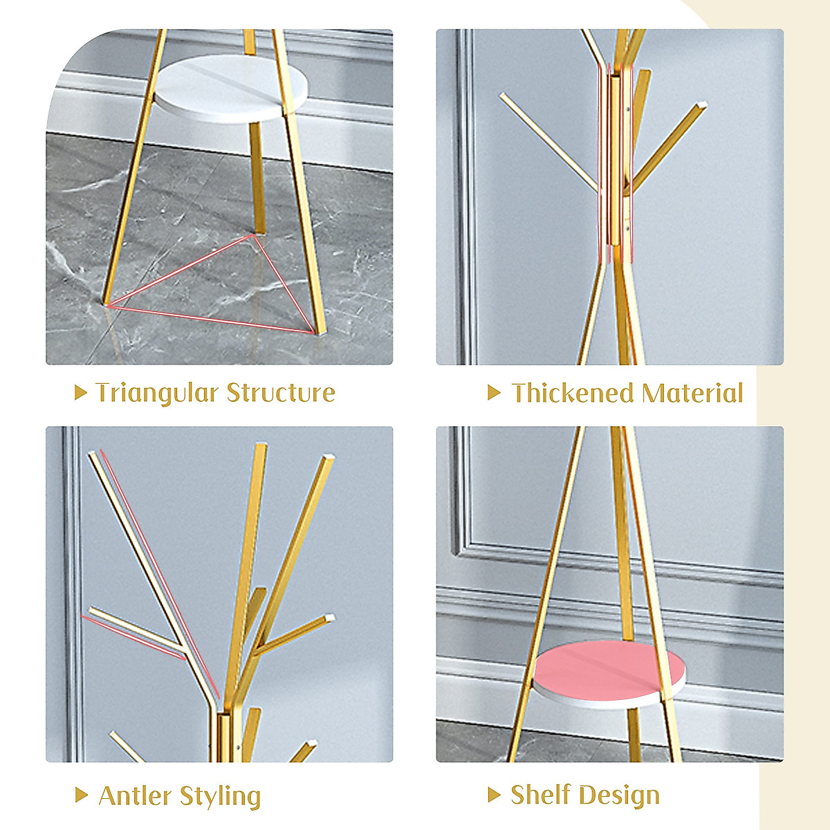 IOTXY Metal Coat Rack Tree - 71 inches Tall Floor Standing Clothing Hanger with Wooden Shelf and 9 Hooks for Handbag Jacket Scarf Rack, Gold