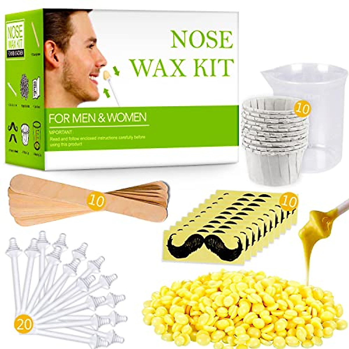 Nose Wax Kit ,Nose Hair Removal Kit with Wax beads 20 Safe Tip Applicator,10 Containers and 10 Moustache Stencils , Nose Waxing Kit for Men and Women Easy, Quick and Painless Nose Hair Wax