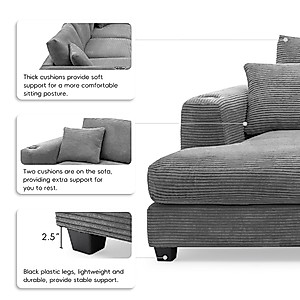 Modern Oversized Corduroy Sectional Sofa with USB Charging Port,Cup Holder, Deep Seat Couch Sleeper Bed with 50" Chaise, Gray