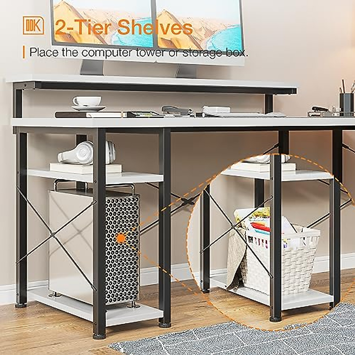 ODK L Shaped Desk with Monitor Stand, 54 Inch Home Office Desks with Storage Printer Shelves, Reversible Corner Gaming Desk with Bookshelf for Bedroom, White