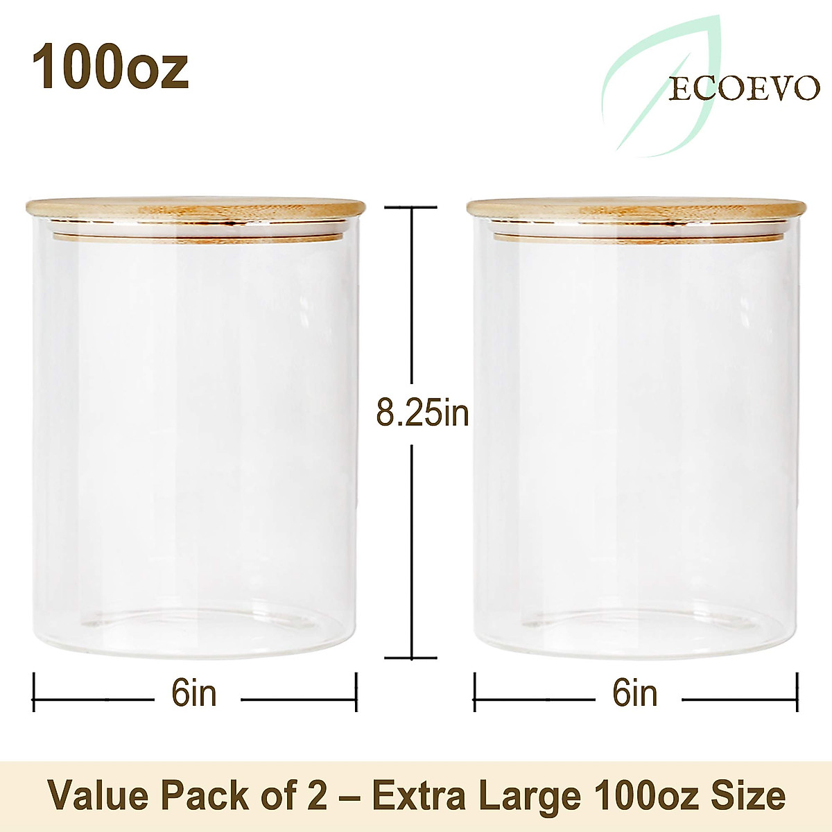 EcoEvo Glass Jars with Bamboo Lids, Glass Food Jars and Canisters Sets, Glass Flour Jar, Large Glass Canister with lids, Glass Flour Storage Container, Glass Pantry Jars, 100oz
