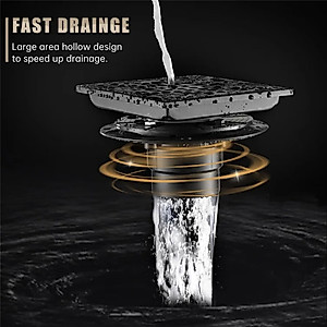 ELLO&ALLO Shower Floor Drain with Flange,Quadrato Pattern Grate Removable 6 Inch Square, SUS 304 Stainless Steel, Matte Black