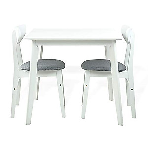 Wickerix Dining Room Set of 2 Yumiko Chairs and Square Dining Table Kitchen Modern Solid Wood w/Padded Seat, White Color with Light Gray Cushion