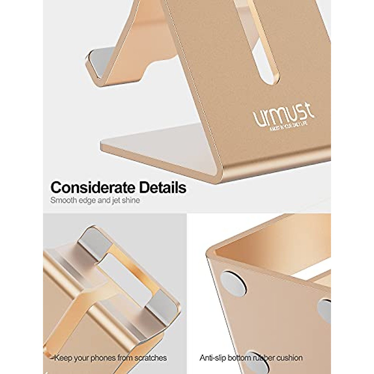 Urmust Desk Cell Phone Stand Holder Aluminum Phone Dock Cradle for iPhone 14 13 12 11 Pro Xs Max Xr X 8 7 6 6s Plus 5 5s 5c, Office Decor Office Supplies Accessories Desk (Gold)