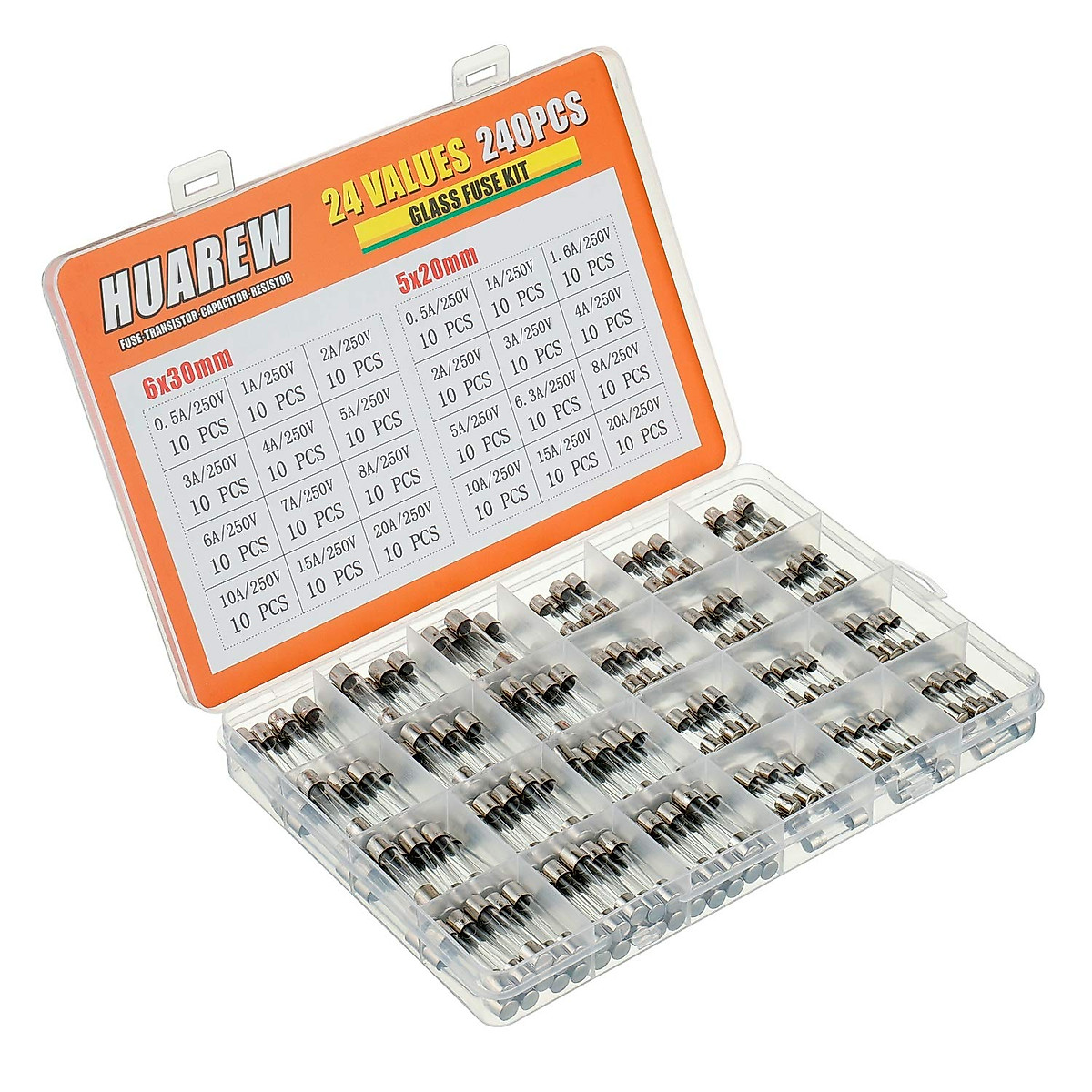HUAREW 24 Values 240 Pcs Fast Blow Glass Fuses 250 V Volt 5x20 mm 0.5 1 1.6 2 3 4 5 6.3 8 10 15 20 A 6x30 mm 0.5 1 2 3 4 5 6 7 8 10 15 20 A amp Assortment Kit