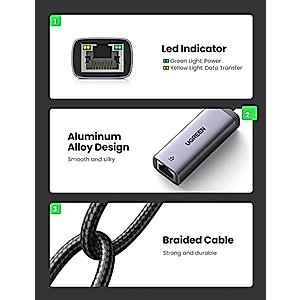 UGREEN USB to Ethernet Adapter USB 3.0 to 10 100 1000 Mbps Gigabit LAN Network Adapter RJ45 Internet Adapter Compatible with Nintendo Switch Laptop PC MacBook Surface XPS Raspberry Pi 4b, and More