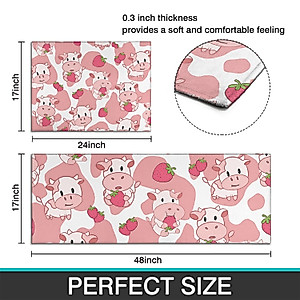 Brilbcu Strawberry Cow Kitchen Mats Set 2 Piece Pink Strawberry Cow Decorative Rugs for Kitchen Low-Profile Strawberry Cow Floor Mats Decorations for Home Kitchen (17x48+17x24 Cute Cow Kitchen Rug)