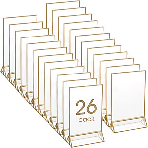 Maitys 26 Pieces Acrylic Gold Frames Sign Holde, Double Sided Gold Picture Frame with Vertical Stand for Wedding Table Number Holder, Menu Holder, Photos and Art Display