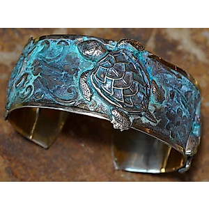 Elaine Coyne Jewelry | Sea Turtle Bracelet for Women, Adjustable Brass Cuff Bracelet for Women, Artisan Classic Jewelry Turtle Cuff/Arm Cuff Made of Verdigris Patina Brass | Elaine Coyne Cuff Bracelet