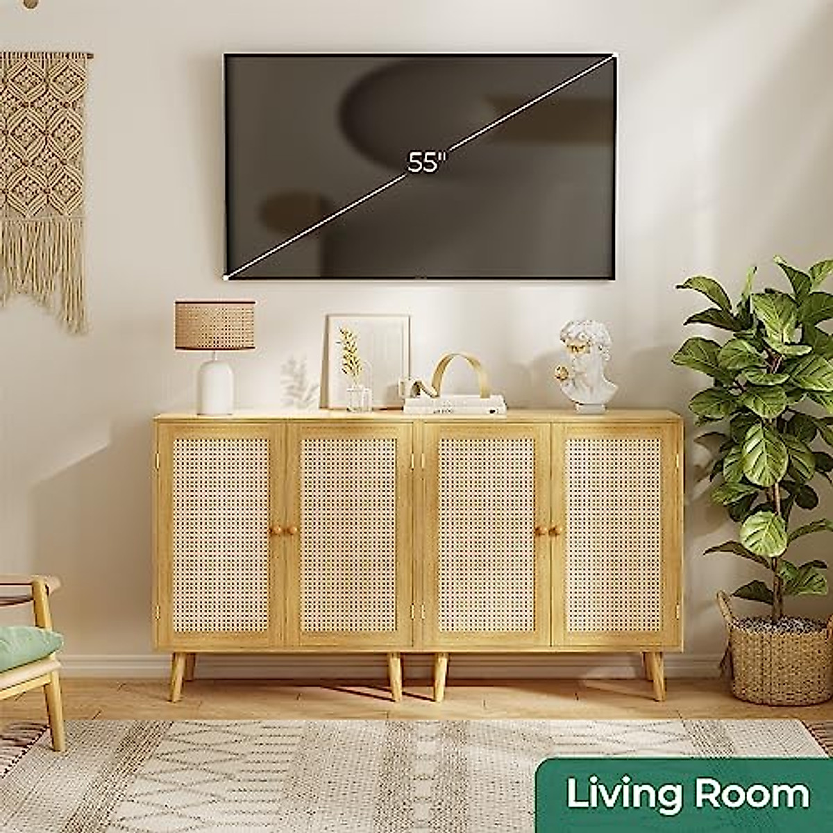 Huuger Buffet Cabinet with Storage, Storage Cabinet with PE Rattan Decor Doors, Accent Cabinet with Solid Wood Feet, Sideboard Cabinet for Hallway, Entry, Living Room, Natural