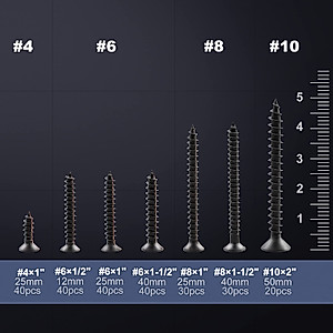 Juasky 240pcs #4#6#8#10 Black Wood Self Tapping Screws, 7 Sizes Bugle Head Metal Screw Set, Long Screw Assortment Kit with Organizer for Drywall,Wood, Deck, Cabinet