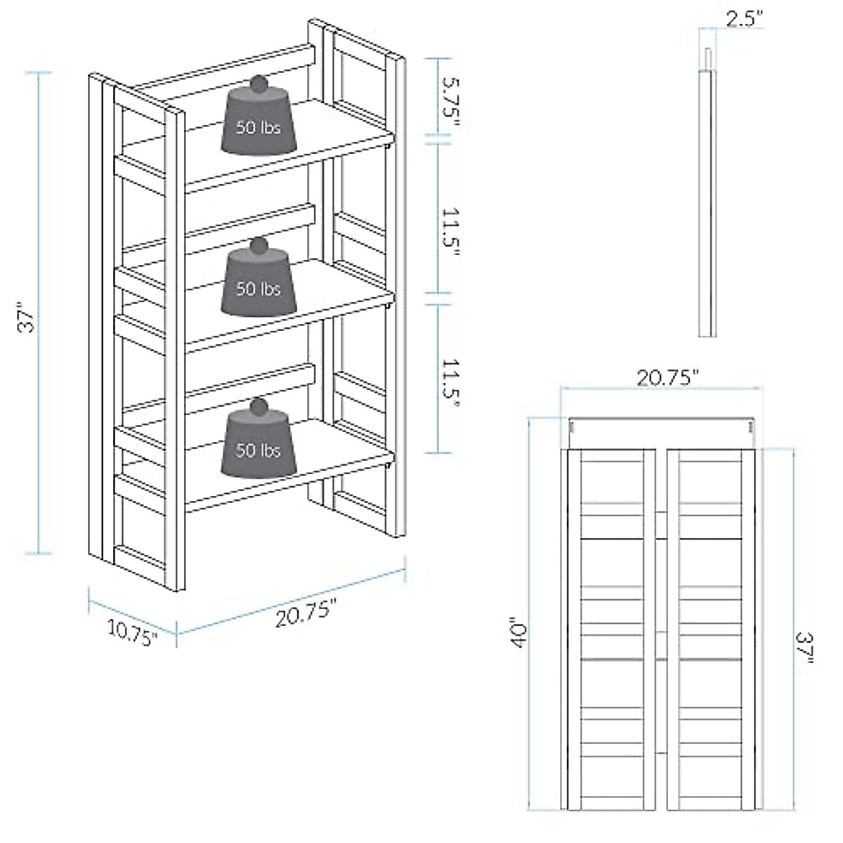 Casual Home 3-Shelf Folding Student Bookcase (20.75" Wide)-Espresso